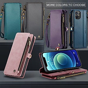 Defencase for iPhone 12/12 Pro Case, RFID Blocking for iPhone 12 Wallet Case for Women with Card Holder, Zipper Magnetic Flip PU Leather Strap Protective Cover for iPhone 12/Pro Phone Case, Blue Green