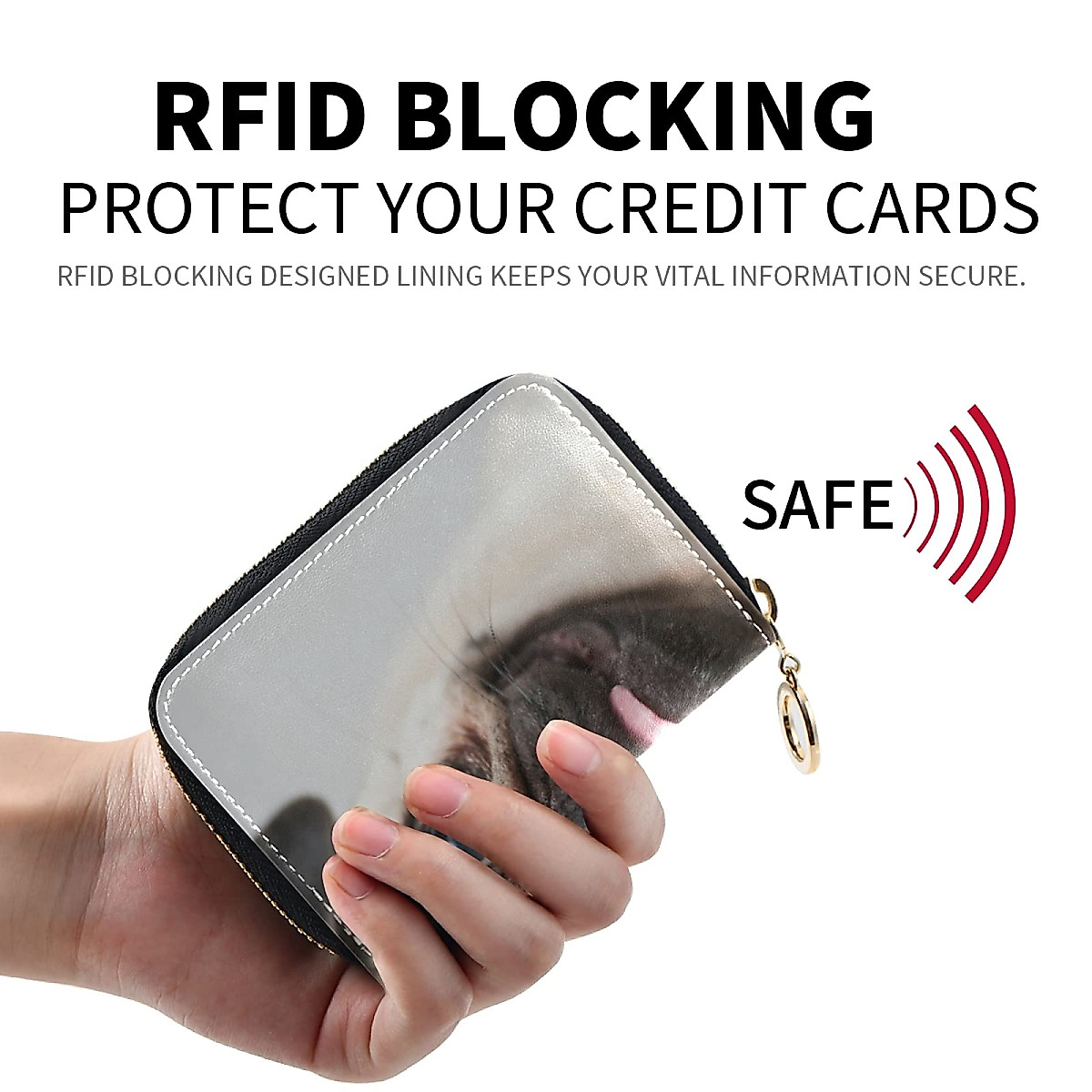 Oyihfvs Vey Cute Pug Dog Grey Credit Card Coin wallet, RFID Blocking Compact Women Leather Card Holder, Key Change Organizer, Zipper Purse Clutch Pouch Pocket, Multi 7, 4.7x3.1x0.8 Inch