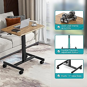 DUMOS Small Standing Desk Mobile Portable Rolling Laptop PC Table on Wheels Adjustable Height Computer Workstation for Home Office, 19 Inch, Brown