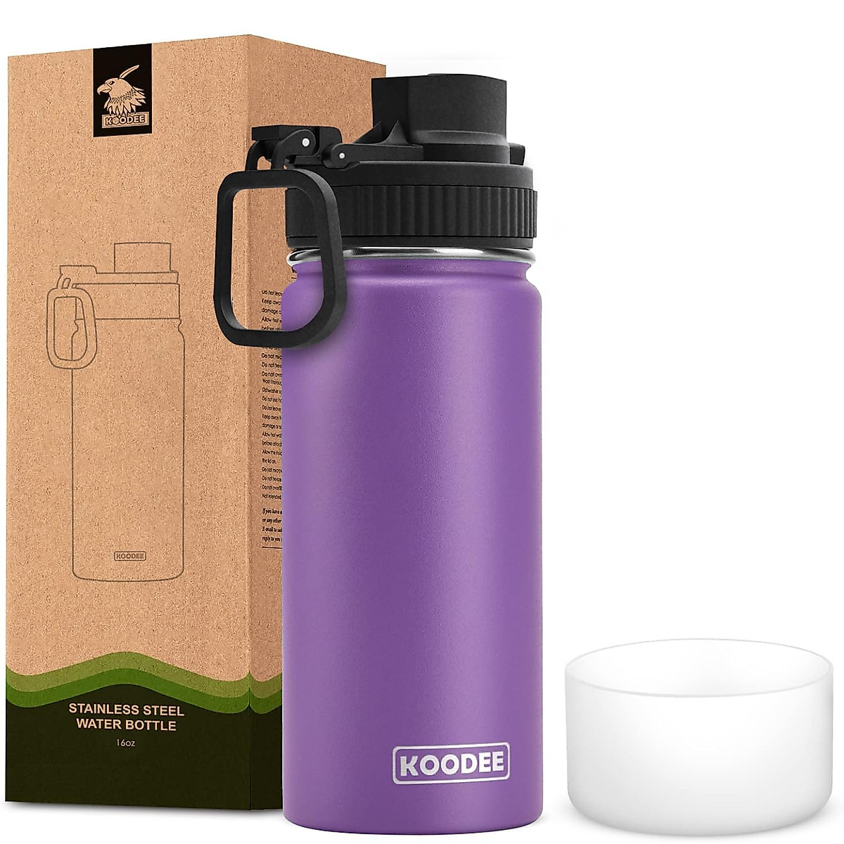 koodee Water Bottle 16 oz Stainless Steel Double Wall Vacuum Insulated Water Bottle for Kids School -Wide Mouth Sports Metal Water Flask for Girls(Purple)