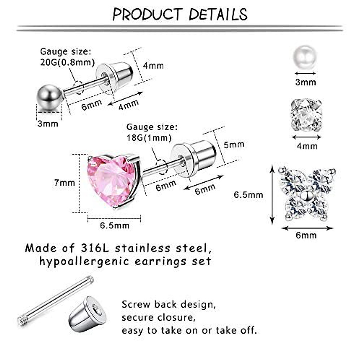 Udalyn 6 Pairs Hypoallergenic Screwback Earrings Tiny Pearl Ball Heart Butterfly Flower CZ Stud Earrings Set Stainless Steel Stud Earrings for Women 18G-20G