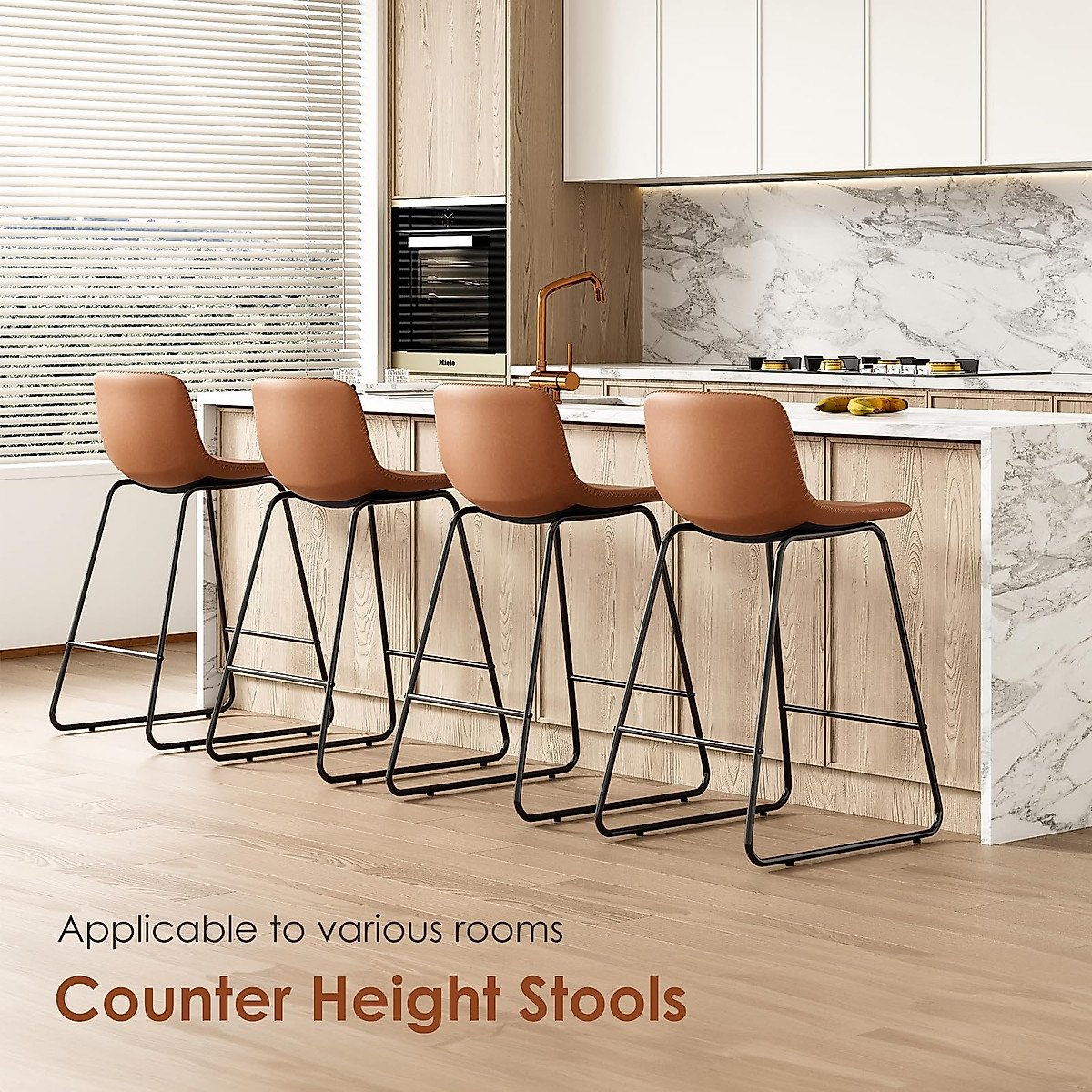 Soohow 26 Inch Counter Height Bar Stools Set of 4, Comfortable Kitchen Island Stools with Back Support, Waterproof Leather Upholstered Modern Chairs for Home Bar Furniture and Kitchen Counter