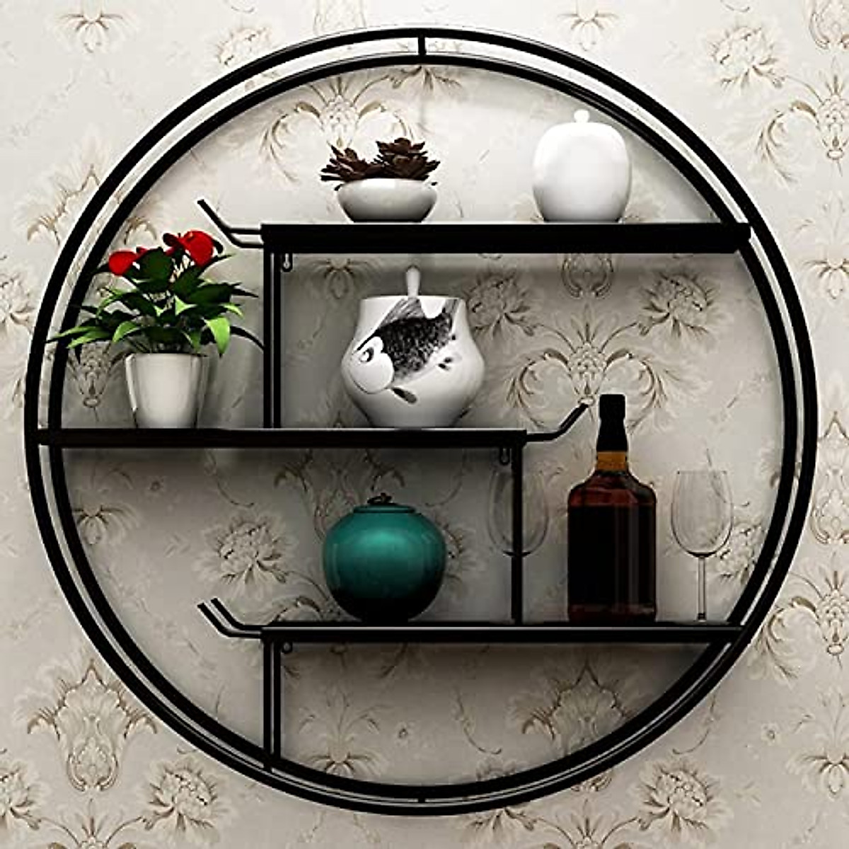 Bedroom Storage Shelf Multipurpose Wall-Mounted Decorative Shelf Metal Iron Round Display Stand/Floating Shelves Creative Living Room,Black,60cm