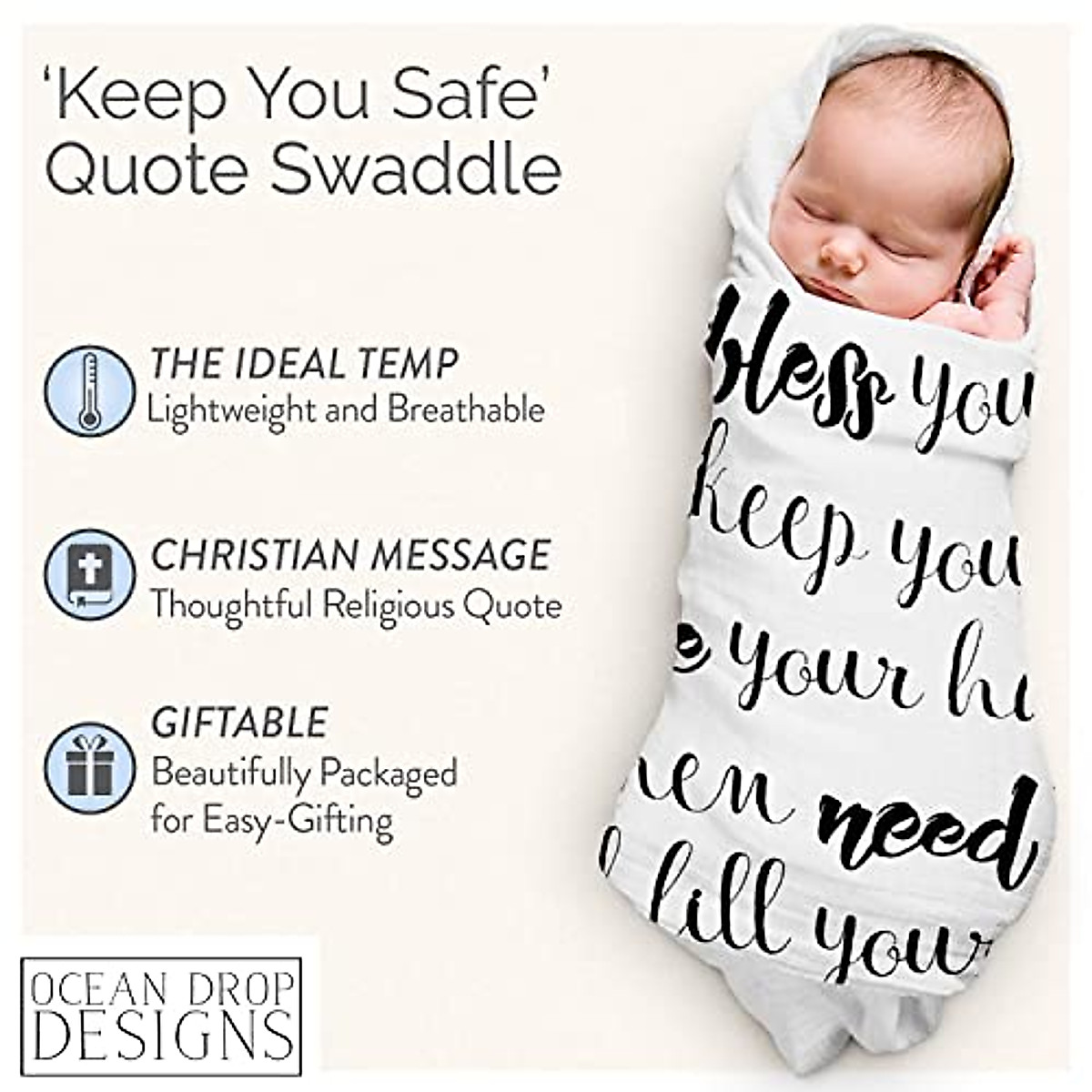Ocean Drop Designs Muslin Swaddle Blankets - Baby Gifts for Boys & Girls - Gender Neutral Christian Newborn Gifts