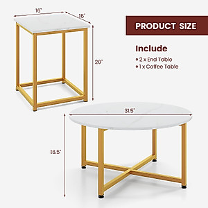 Giantex Round Nesting Table Set of 3, Modern Faux Marble Coffee Table w/2 End Tables, Sturdy Metal Frame, 3-Piece Wooden Living Room Table Set for Home Office, Apartment (White & Gold)