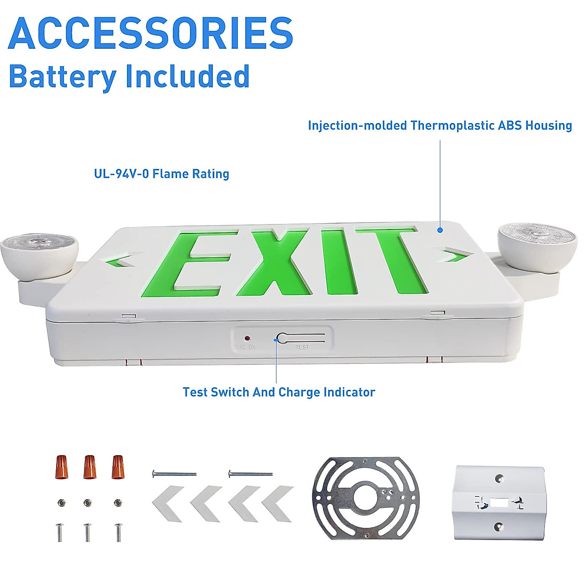 OSTEK Exit Sign with Emergency Lights, Double Face Green Exit Sign Emergency Light Combo, 90min Long Backup Battery, ABS Fire Safety (UL Certified 120-277V)(UL 94V-0) [2Pack]