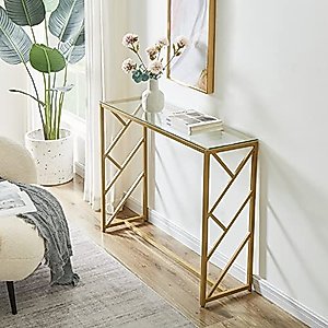 Console Table,Narrow Sofa Table,Glass Console Table Mirrored Console Table Entryway Hallway Table with Golden Metal Frame and Adjustable Feet,Entrance Table for Living Room,Foyer 41.7x11.8x30.7 inch