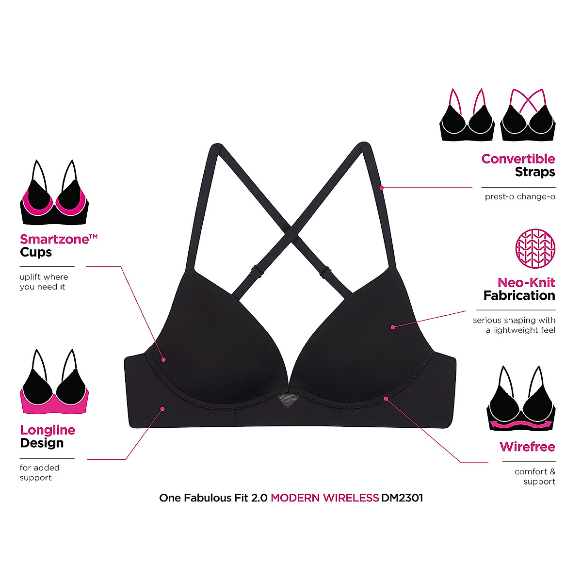 Maidenform Women's One Fab Fit Wireless Demi Bra with Convertible Straps and Lightly Lined Cups, Black, 32DD