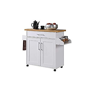 Hodedah Kitchen Island with Spice Rack, Towel Rack & Drawer, White with Beech Top, 15.5 x 35.5-44.9 x 35.2 inches