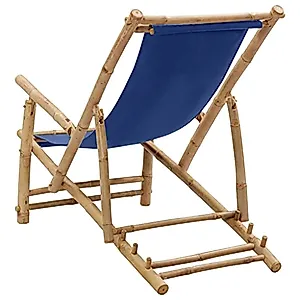 Youuihom Deck Chair Camping Chair Patio Lounge Chair Beach Chairs Garden Chair Bamboo and Canvas Navy Blue Suitable for Balcony, Garden, Patio, Beach, Lawn