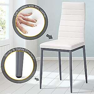 Tangkula 5 PCS Dining Table Set, Modern Tempered Glass Top and PVC Leather Chair w/4 Chairs, Dining Room Kitchen Furniture (White and Silver)