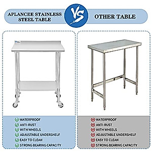 Aplancee Stainless Steel Table, 30 x 24 Inches Prep & Work Table with Caster Backsplash and Adjustable Undershelf Metal Utility Workstations for Commercial Kitchen or Restaurant Supplies