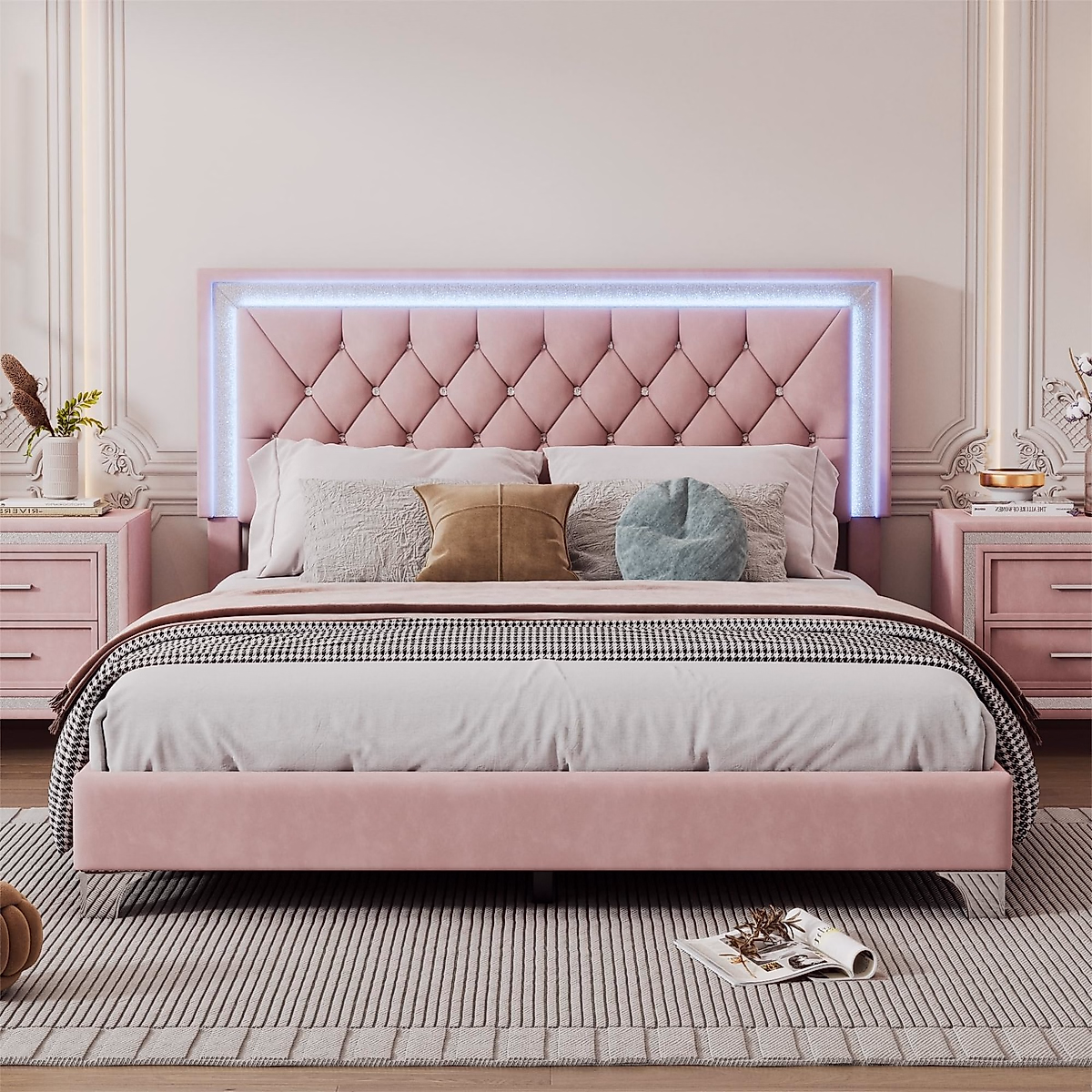 Queen Size Velvet Upholstered Platform Bed Mattress Foundation w/Crystal Tufted Headboard&LED Light for Adult,Low Profile Panel Bed Frame w/Metal Legs&Wooden Slat Support for Bedroom Guestroom (Pink)