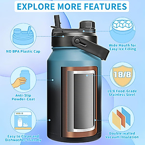 AEXPF Insulated Water Bottle 64 oz with Three-use Lid, Stainless Steel Double Wall Vacuum Wide Mouth Water Bottle with Straw, Half Gallon Water Jug for Drinking, Thermo Mug Metal Canteen