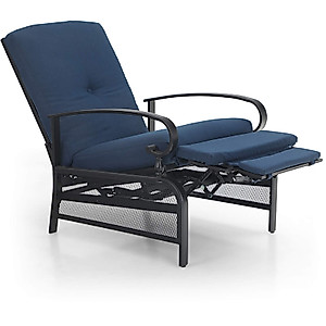 PHI VILLA Adjustable Patio Recliner Chair Metal Outdoor Lounge Chair with Removable Cushions Support 300lbs, Navy