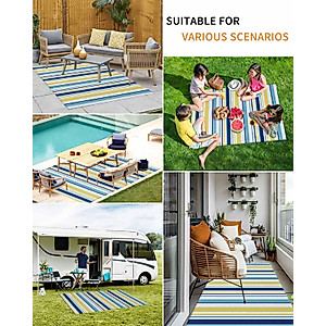 Blue Yellow Striped Outdoor Rug for Patio/Deck/Porch, Non-Slip Large Area Rug 4 x 6 Ft, Farmhouse Navy Blue Ombre Stripes Indoor Outdoor Rugs Washable Area Rugs, Reversible Camping Rug Carpet Runner