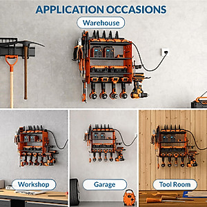 Sttoraboks Modular Power Tool Organizer with Charging Station, Wall Mount Garage Shelf Rack with Hooks for 6 Drills, 4-Layer Shelf, Heavy Duty Tool Battry Holder Built in 8 Outlet Power Strip, Orange