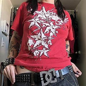 Women Y2k Fairy Grunge Shirt Goth T-Shirt Long Sleeve Skeleton Aesthetics Graphic Oversized Shirt Gothic Top (Red-G, L)