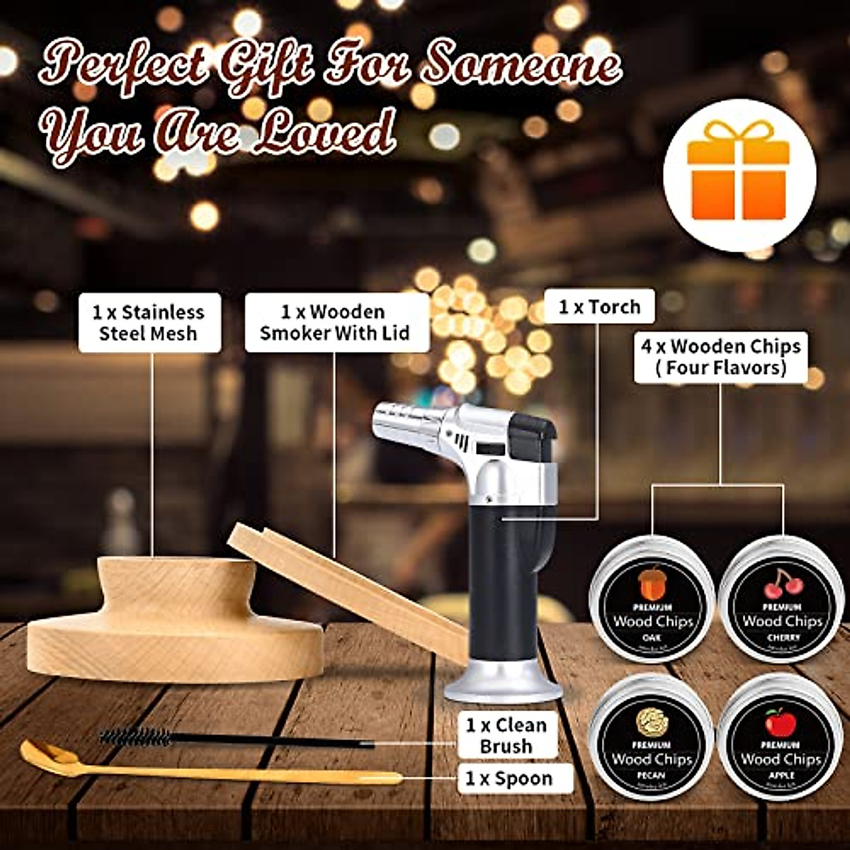 Cocktail Whiskey Smoker Kit with Torch, Old Fashioned Bourbon with 4 Flavored Smoking Wood Chips, Drink Smoker Infuser Kit Gifts for Cocktail Lovers, Men, Dad, Husband, Boss, boyfriend (No Butane)