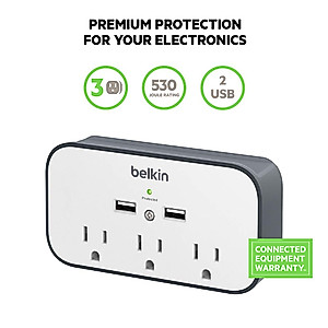Belkin Wall Surge Protector - 3 Outlet w/ 2 USB Ports Mount with Premium Protection Against Surges Safe Charge for Mobile Devices, Tablets & More (540 Joules)