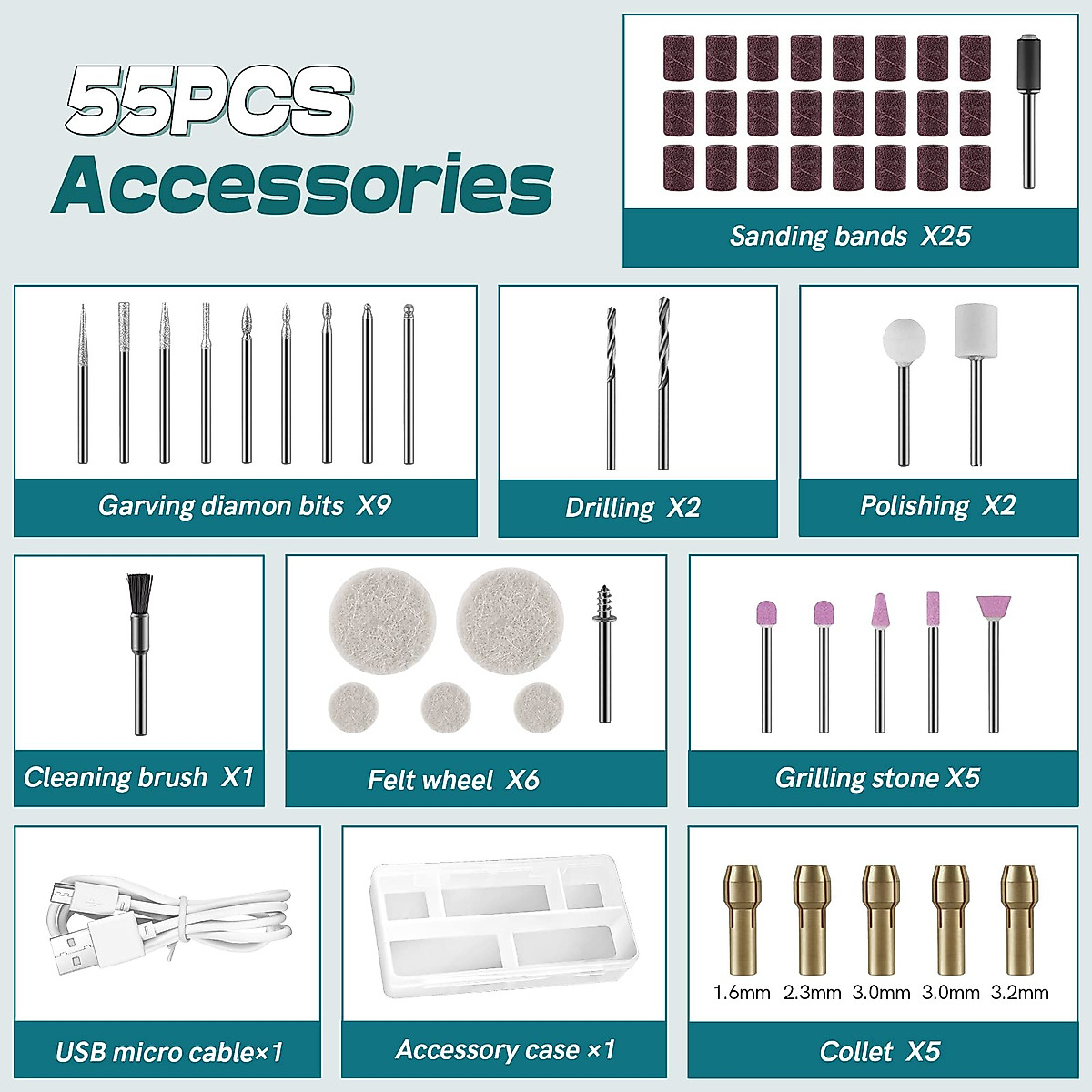 NEU MASTER Cordless Rotary Tool, 3.7V Mini Rotary Tool Kit With 55pcs Accessories, 3-Speed USB Charging Power Rotary Tool for Sanding, Polishing, Engraving, Drilling and DIY Crafts