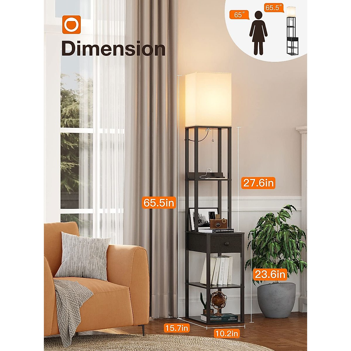 addlon Floor lamp with 2 USB, 1 Outlet and Drawer, 3 Color Temperatures LED Bulb (9W), Sofa lamp with White lampshade, Display Floor lamp with Shelves for Living Room, Bedroom and Office - Black