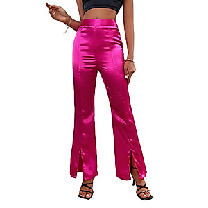 WDIRARA Women's High Rise Wide Leg Split Hem Pants Party Club Solid Pants Hot Pink L