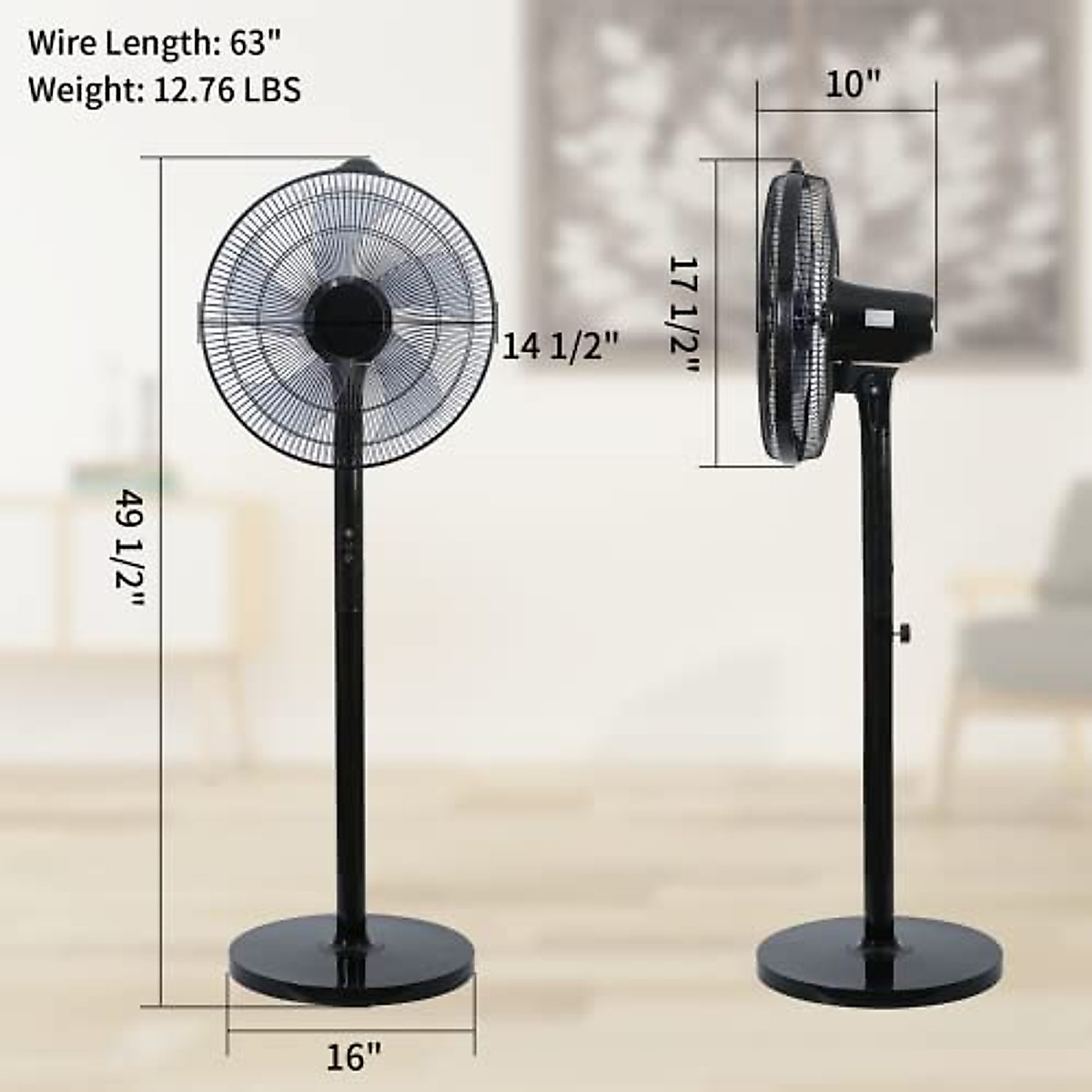 HealSmart 15" Adjustable 12 Levels Speed Pedestal Stand Fan with Remote Control for Indoor, Home, Office and College Dorm Use, 90 Degree Horizontal Oscillating, 9 Hours Timer, Black,2-Pack