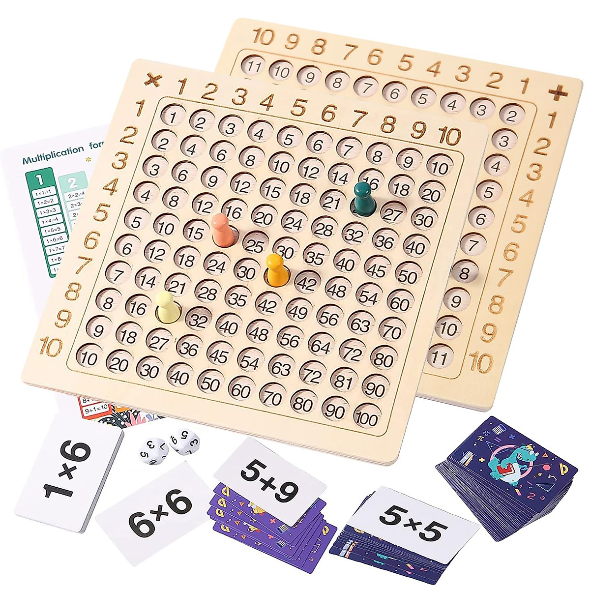 2 in 1 Multiplication Addition Math Board Game for Kids - Wooden Montessori Math Toys for Girls Boys 4 5 6 7 8 9 Years Old Wood Double Sided Board Table Dice Card Games for Family