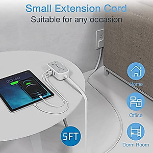 Flat Plug Extension Cord with 3 USB Ports, TESSAN Ultra Thin Power Strip with 2 AC Outlets Cruise Ship Essentials, Small 5 ft Low Profile Outlet Concealer for Travel Office School Dorm Room Essentials