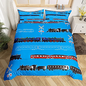 Feelyou Train Kids Boys Duvet Cover Retro Steam Engine Toddler Bedding Set for Teens Railway Track Transport Comforter CoverRed Blue Black Decor Quilt Cover Room 3Pcs Queen Size,Zipper…