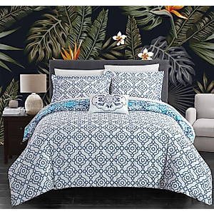 Chic Home Bristol 4 Piece Reversible Cover Set 100% Cotton Bohemian Inspired Contemporary Geometric Print Zipper Closure Bedding, Queen Duvet, Blue