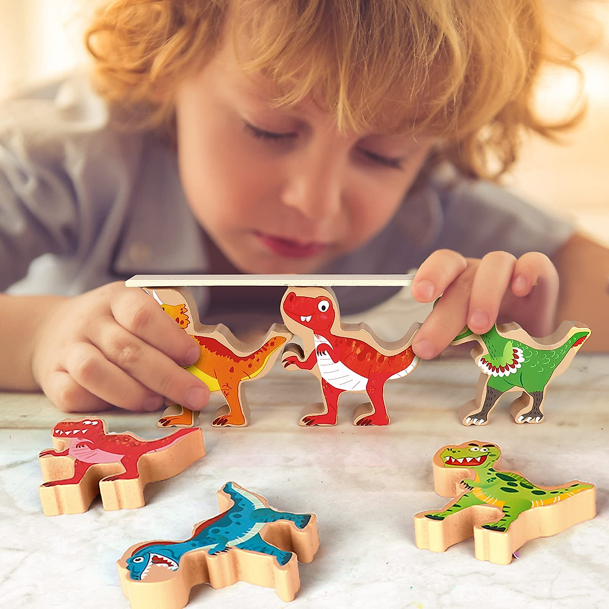 14-Piece 3-Inch Wooden Dinosaur Stacking Toys for Kids 3-7, STEM Educational Party Favors