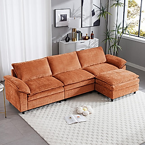 KIVENJAJA Modular Cloud Sectional Couch, Chenille L Shaped Sectional Sofa with Ottoman, Modern Comfy 4 Seater Sofas for Living Room Apartment Office, 113.5”W, Orange