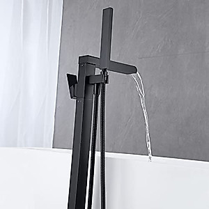 Wowkk Waterfall Tub Filler Freestanding Bathtub Faucet Black Floor Mount Brass Single Handle Bathroom Faucets with Hand Shower