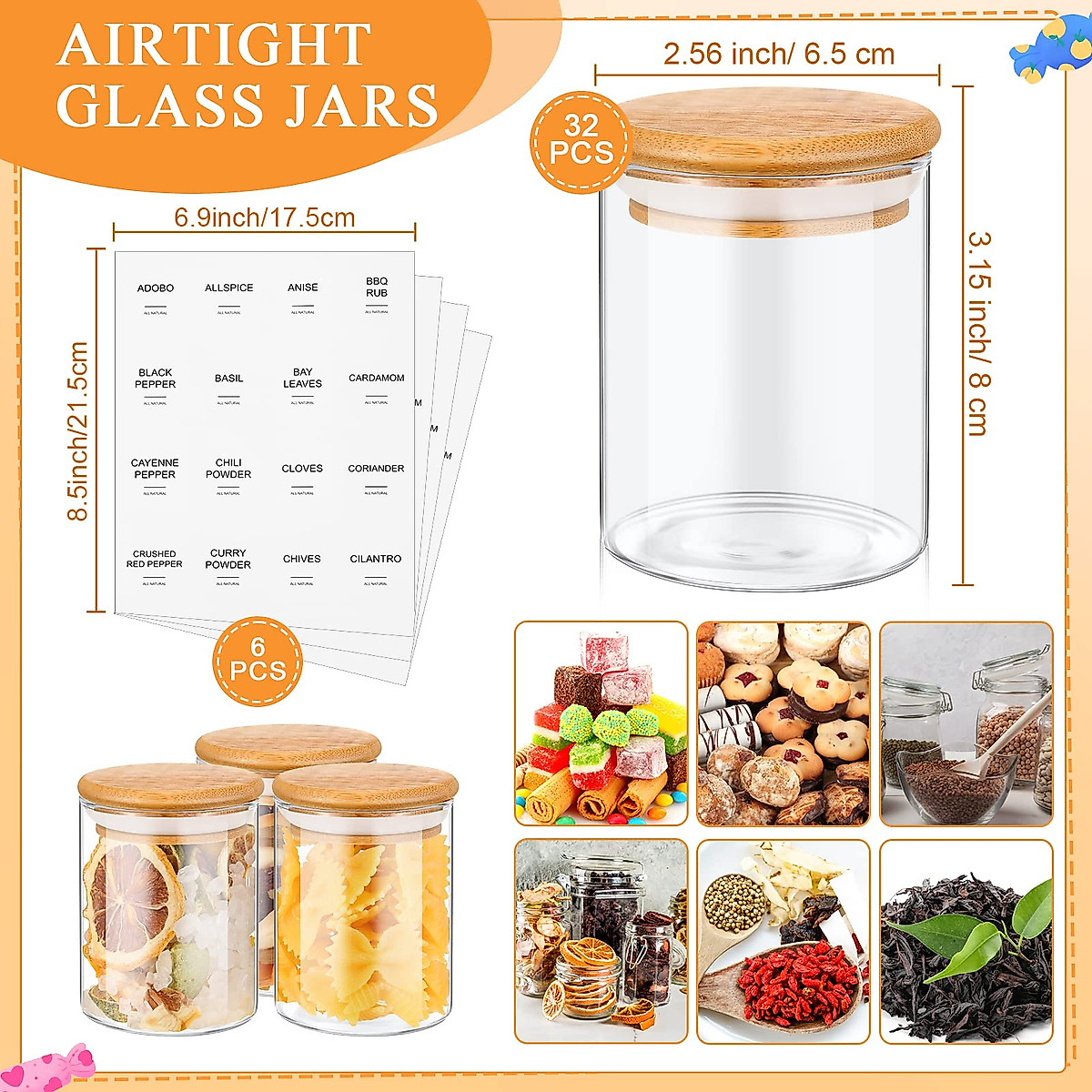 Zubebe 32 Pieces 7 oz Glass Spice Jars with Bamboo Lids and Labels, Large Clear Spice Containers with 660 Spice Labels Airtight Canisters Sets for Kitchen Seasoning Jars Storage Herbal Teas, Coffee