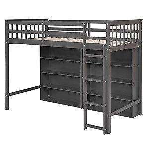 Harper & Bright Designs Twin Size Loft Bed with Storage, Wooden Loft Bed Frame with 8 Open Storage Shelves and Built-in Ladder, Gray