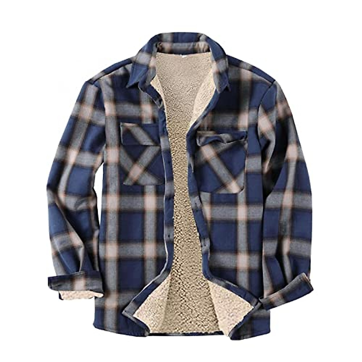 WUAI-Men Casual Sherpa Fleece Lined Plaid Flannel Shirts Jackets Heavyweight Thermal Button Up Winter Work Coat Outwear(Navy,X-Large)