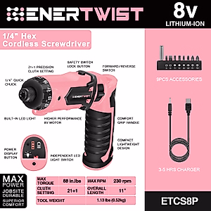 Enertwist Electric Screwdriver, 8V Max 10Nm Pink Cordless Screwdriver Rechargeable Set with 9 Accessory Kit, 21+1 Cluth, Dual Position Handle, LED Light