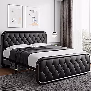 iPormis Queen Size Metal Bed Frame with Leather Headboard, Heavy-Duty Platform Bed Frame, Thicker Metal Steel Slats Support, 12'' Under-Bed Space, Noise-Free, Easy Assembly, Black