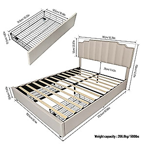Queen Size Upholstered Platform Bed Frame with 2 Storage Drawers & Adjustable Rivets Headboard, Linen Bed Frame with Extra Dome Bed Canopy for Boys Girls Teens Adults, No Box Spring Needed (Beige)