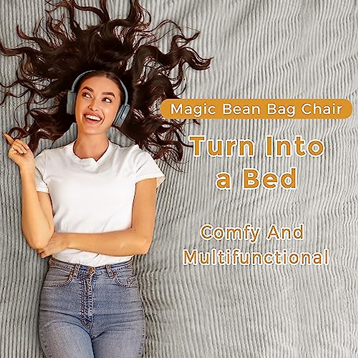 MAXYOYO Giant Bean Bag Chair Bed for Adults, Convertible Beanbag Folds from Lazy Chair to Floor Mattress Bed, Large Floor Sofa Couch, Big Sofa Bed, High-Density Foam Filling, Machine Washable