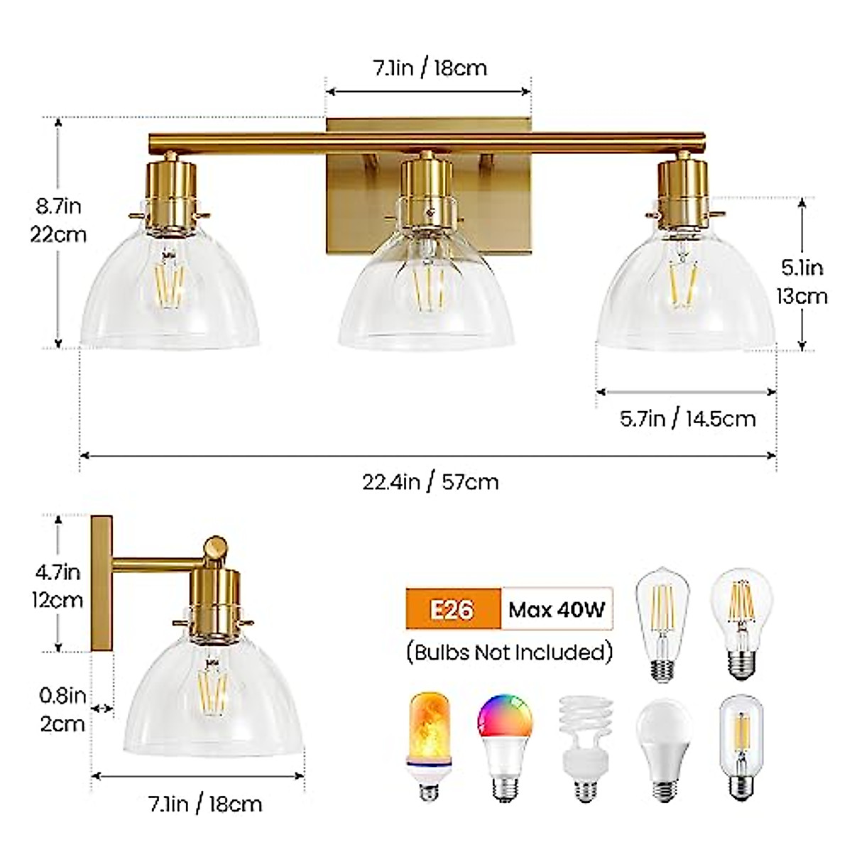 CCYCOL Gold Bathroom Light Fixtures - 3-Light Modern Bathroom Vanity Light Over Mirror with Clear Glass Shade, 22.4 Inch Bath Wall Sconce Lighting Brushed Gold Vanity Lights for Bathroom, Dressing