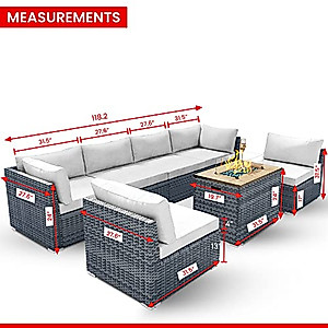 MODENZI Outdoor Sectional Patio Furniture Set with Propane Fire Pit Table Grey Resin Wicker Phoenix Collection Sofa Set (Yellow with Ice Bucket)
