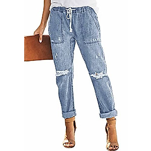 Metietila Women’s Casual Pull-on Distressed Stretch Jeans Elastic Waist Jean Light Indigo Denim Joggers Pants for Women XX-Large