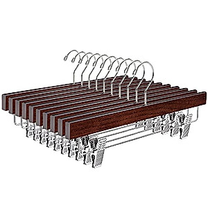 Amber Home Walnut Wooden Pants Skirts Hangers 10 Pack, Solid Wood Trousers Bottom Hanger with 2-Adjustable Clips, Clip Hangers for Slacks, Jeans, Shorts (Walnut, 10)