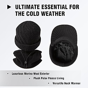 TOP-EX Waterproof Winter Wool Knit Hat with Visor, Mens Brim Beanie & Scarf Set, Women Cold Weather Skull Stocking Cap Fleece Lined & Neck Cover Black,X-large XL XXL XXXL Extra Large Big Head Oversize