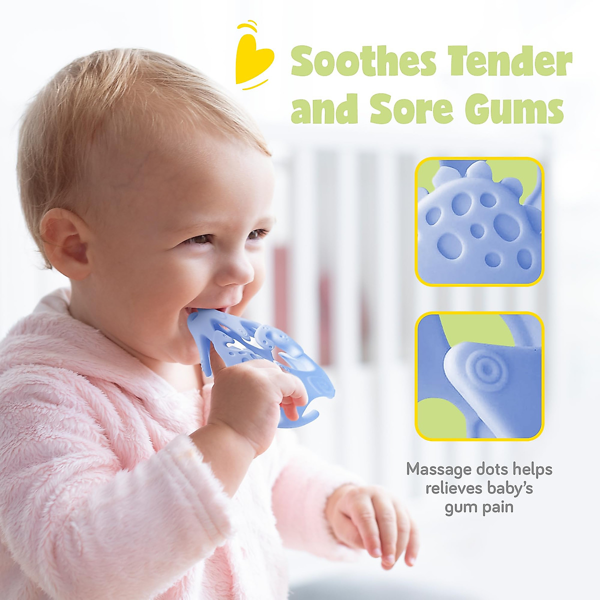 Dinosaur Baby Teething Toys, Textured Sensory Toys for Babies, Lightweight Soft Baby Sensory Toys, BPA-Free Silicone Infant Teething Toys, 0-18 Months, Teething Baby, Easy to Clean - Blueberry Blue