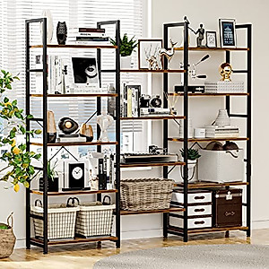 NUMENN Triple Wide 5 Tier Bookshelf, Rustic Industrial Style Bookcases and Bookshelves with 14 Open Display Shelves, Modern Tall Bookcase Furniture for Bedroom, Living Room and Home Office, Vintage