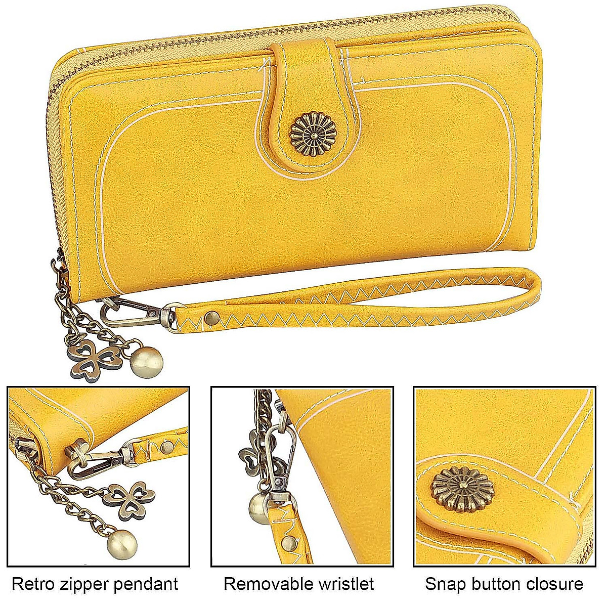 Coolstar Wallets for Women & Men PU Leather Clutch Wallet with Credit Card Holders Wristlet Phone Checkbook Organizer Large (Yellow with Sunflower Snap), Sunflower Snap + Yellow